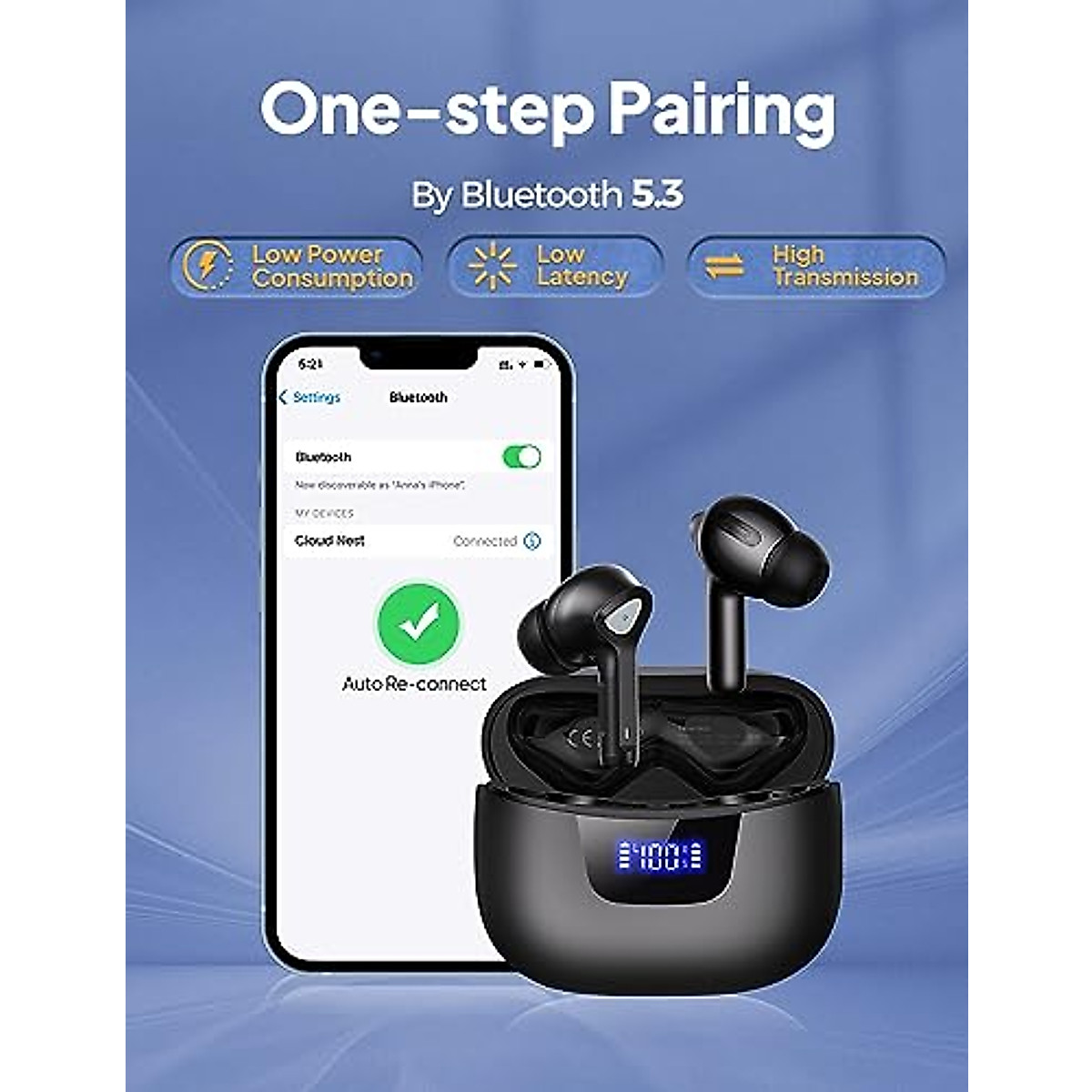 Wireless Earbuds Bluetooth V5.3 Headphones 50H Playback Deep Bass Stereo Ear Buds with LED Power Display Charging Case IPX7 Waterproof Earphones with Mic Headset for Laptop Pad Android/iOS Phones