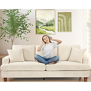 Kidirect 87in Beige White Sofa, Couches for Living Room 21in Extra Deep Seats, Comfy Corduroy Sofas for Living Room No Tool Assembly, Modern Oversized Love Seat with 2 Pillows, Sofa Couch for Bedroom