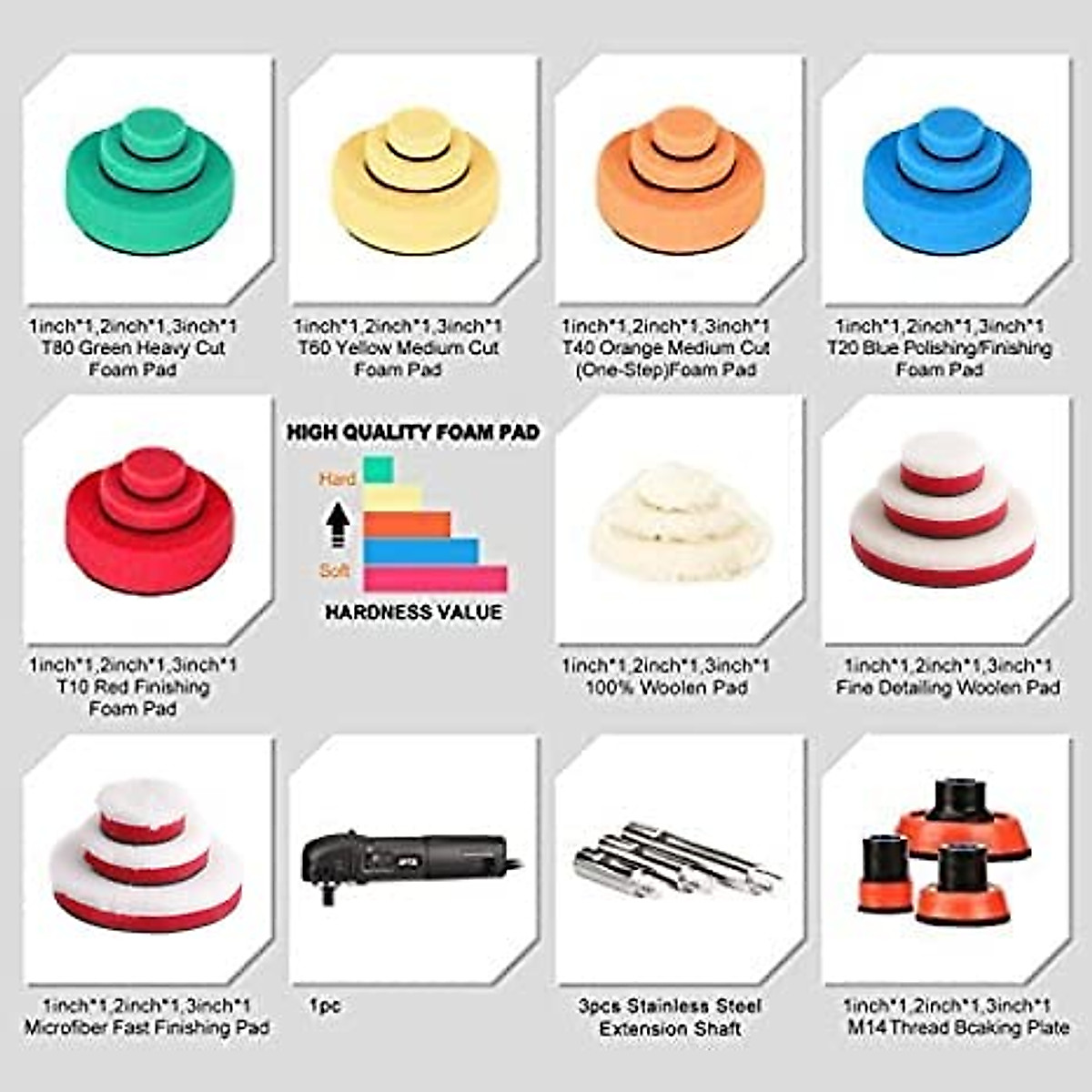 SPTA Mini Polishing Machine Buffer Rotary Polisher Auto Detailing Superpolish with 27Pcs Detail Polishing Pad Mix Size Kit Buffing Pad and 75mm,100mm,140mm M14 Thread Extension Shaft