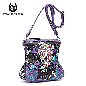Sugar Skull Day of the Dead Cross Bone Rock Metallic Purse Skeleton Leather Purse Women Crossbody Handbag Shoulder Bag (Purple)