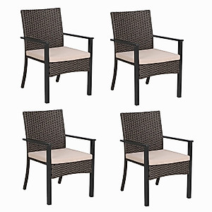 MFSTUDIO Outdoor Patio Rattan Wicker Chairs Set, Outdoor Patio Wicker Rattan Dining Chairs Set of 4 with Armrets and Cushions, 4 Woven Rattan Wicker Patio Chairs, Porch, Backyard
