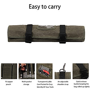 HERSENT Waxed Canvas Chef’s Knife Roll Bag,Army Green Knife Wrap,Portable Knife Roll, Waterproof Pocket Knife Carrier,Durable 16oz Knife Case With Adjustable Shoulder Strap