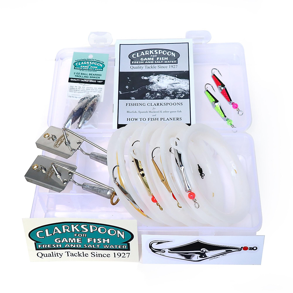 CLARKSPOON - Ready to Fish Trolling Kit - Fishing Equipment for Coastal Waters- Great for Spanish Mackerel, Bluefish, Bonito, Tuna, & More - Trolling Kit with Lures, Trolling Sinkers & Planers