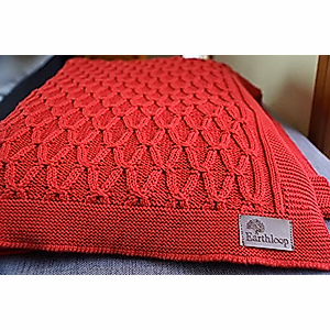 Earthloop Large Knit Throw Blanket | 100% Organic Cotton – GOTS Certified | Couch and Bed Throw Blankets | Knitted Throws | Adult Cable Knit (60 x 80 in, Red)