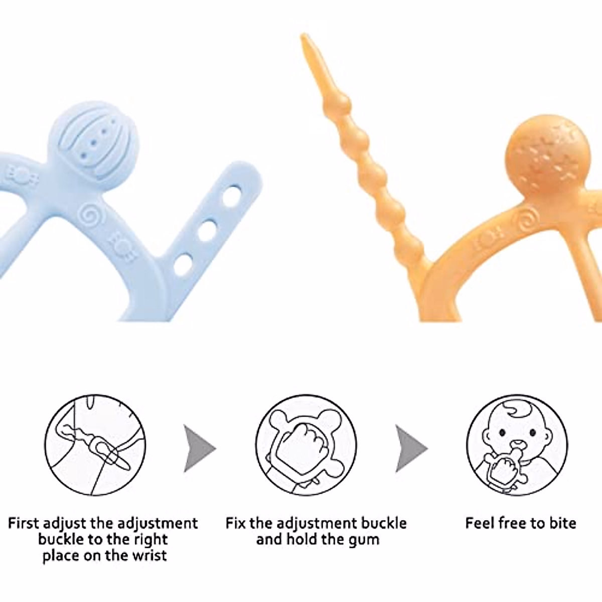 【Never Drop from Hand】 HEORSHE 2 Pack Baby Teething Toys for Babies 3-6 Months Teethers for Infant Toddlers Silicone Molars Adjustable Chew Toys for Babies 3 4 5 6 7 8 9 10 11 12 Months (Brown + Blue)