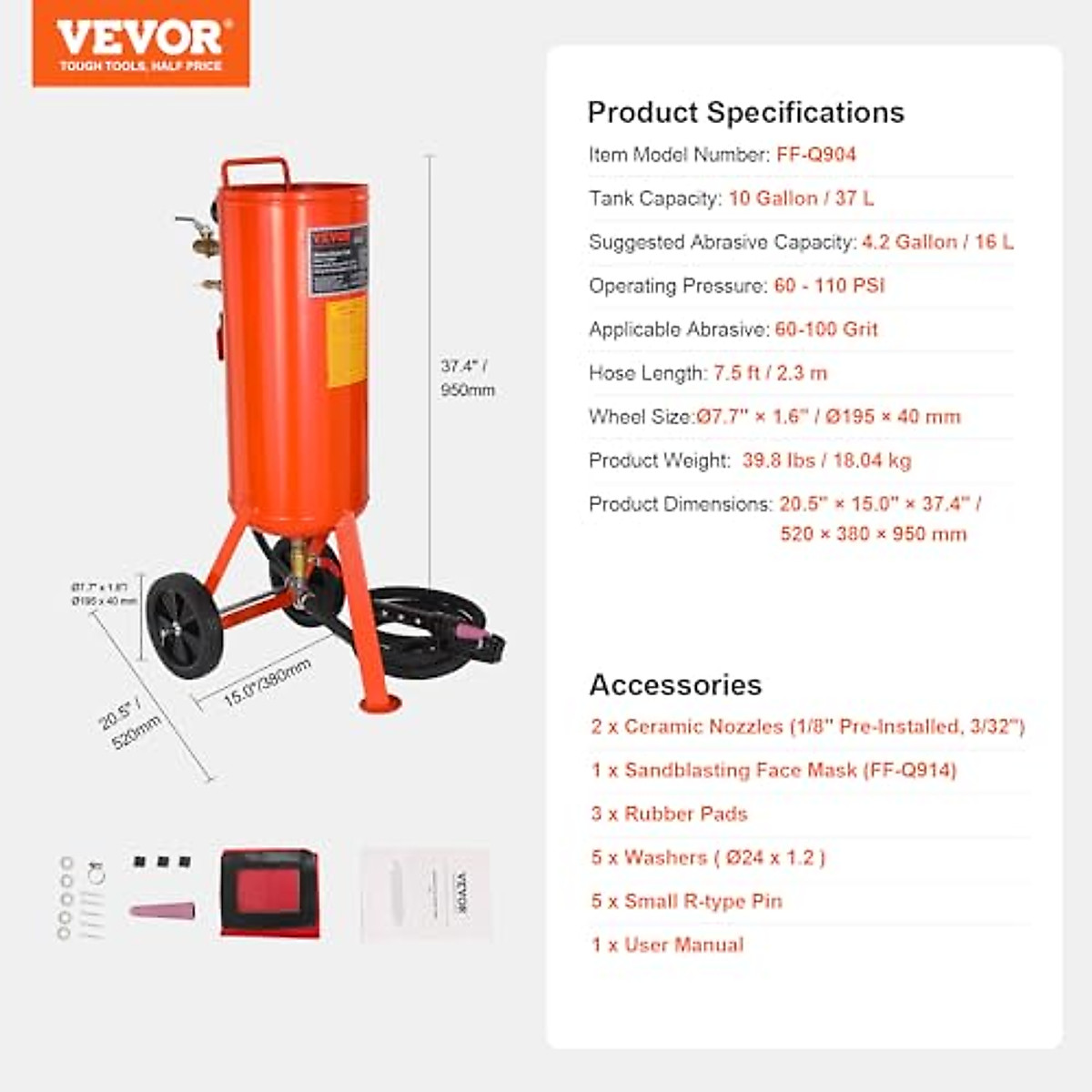VEVOR 10 Gallon Heavy-Duty Sand Blaster, 60-110 PSI High Pressure Sandblaster, Portable Abrasive Blasting Tank, Air Sand Blasting Kit with 2 Ceramic Nozzles & 7.5ft Hose for Paint, Stain, Rust Removal