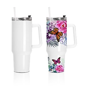 Sublifun 40 OZ Sublimation Tumbler with Handle, 2 Pack Sublimation Tumbler Blanks Stainless Steel Vacuum Insulated White Travel Tumbler with Plastic Handle and Straw for 40 oz Tumbler Heat Press Print