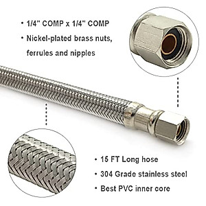 Ice Maker Hose 15 FT, Stainless Steel Braided Refrigerator Ice Maker Connector Water Supply Line with 1/4" Comp by 1/4" Comp Connection