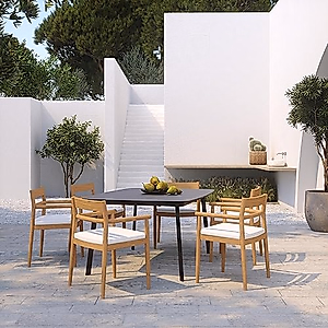 Oxford Garden Lido 7 Pc Teak Dining Set W/ 63 Inch Rectangular Table in Carbon/Bliss Linen