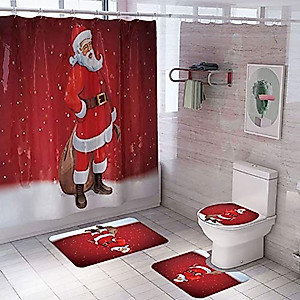 4 PCS Christmas Shower Curtain Sets with Rugs, 72x72 Polyester Shower Curtains Christmas Tree Wreath Santa Claus Snowman Patterned, with Bath Mat Xmas Decor Christmas Decorations for Bathroom