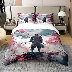 Erosebridal 100% Cotton Japanese-Style Duvet Cover Japanese Samurai Comforter Cover Twin Size Pink Cherry Blossom Bedding Set Mount Fuji Pattern Bed Set Ink Painting Duvet Insert with 1 Pillowcase