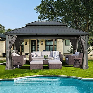 Domi 10’ X 14’ Hardtop Gazebo Canopy with Netting & Curtains, Outdoor Aluminum Gazebo with Galvanized Steel Double Roof for Patio Lawn and Garden, Gray