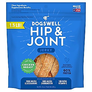 Dogswell Jerky Hip and Joint Dog Treats Grain Free Made in USA Only, Glucosamine and Chondroitin, 24 oz Chicken