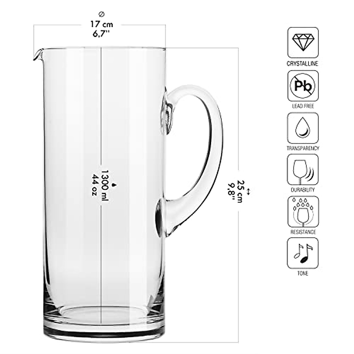 KROSNO Glass Water Juice Pitcher Jug | 44 oz | Glamour Collection | Perfect for Home, Restaurants and Parties | Fridge Safe