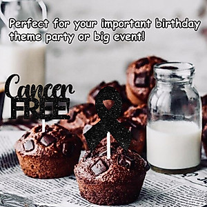 18pcs Black Glitter Dessert Cupcake Topper Cancer Chemo Free Survivor Warrior Theme Decor Supplies Breast Cancer Breast Care Awareness Birthday Party Decoration