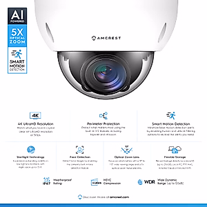 Amcrest 4K Optical Zoom AI POE Camera, Varifocal 8MP Outdoor POE IP Camera Dome, Face/Human/Vehicle Detection, 2.7mm~13.5mm Lens, IP67, 5X Optical Zoom, (IP8M-VD2893EW-AI)