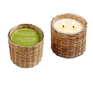 Field + Fleur by Hillhouse Naturals Cut Grass 2 Wick Woven Glass Candle Clover and Green Grass, This Fragrance finishes with Fresh-Cut Wisteria and jasmine-100% Soy Wax Blend Burn time 75+ Hours