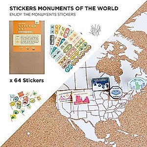 Push Pin Travel Map Kit Includes: Cork World Travel Map, World Flags, Monument and Food Stickers, for Travelers (White, Puzzle M Premium)