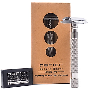 Parker 64S Stainless Steel Handle Double Edge Safety Razor & 5 Premium Blades