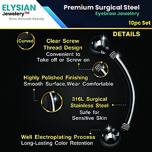 ELYSIAN 10Pcs tainless Steel Rook Daith Earrings Belly Lip Ring Eyebrow Studs Cartilage Tragus Cubic Zirconia Barbell Body Piercing 8mm (5/16''), Blue, Black, Green, Gold, Pink, Purple, Silver