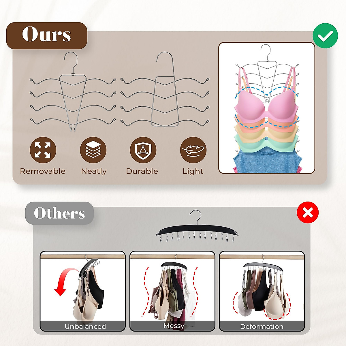 HOUSE DAY Bra Hangers 2 Pack, Tank Top Hangers Space Saving Hangers for Closet Organizers and Storage, Bra Organizer Closet Hangers Space Saver for Camisoles, Bras, Belts, Ties, Scarves, Swimsuits