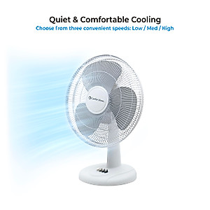 Comfort Zone CZ121WT 12” 3-Speed Oscillating Table Fan with Adjustable Tilt, Convenient Push Button Controls, Quiet Operation, White