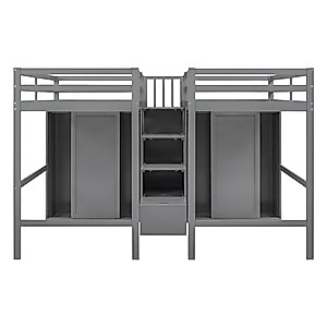BOVZA Double Twin Size Loft Bed with Storage Stairs and 2 Wardrobes, Wood Loft Bed Frame with Staircase for 2 Kids Girls Boys Teens, Gray