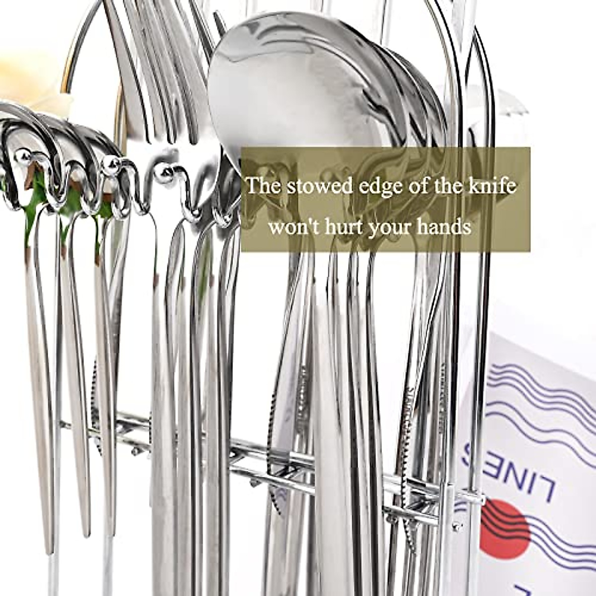 24-Piece Mirror Silver Cutlery Set, Snplowum Stainless Steel Flatware Hanging Tableware Silverware Set Include Knife/Fork/Spoon/Teaspoon and Storage Rack For Daily Use, Service For 6