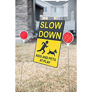 CORQUE Kids at Play Safety Signs for Street, Slow Down & Caution Warning - 2 Pack Double Sided with High Visibility Reflectors & Adjustable Metal Stakes Set - Children Playing Yard Road Visual Signal