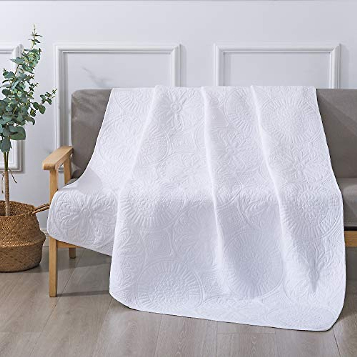 Soul & Lane Inner Circle 100% Cotton White Oversized Lap Quilt - 60" x 70" | Solid Modern Throw Blanket