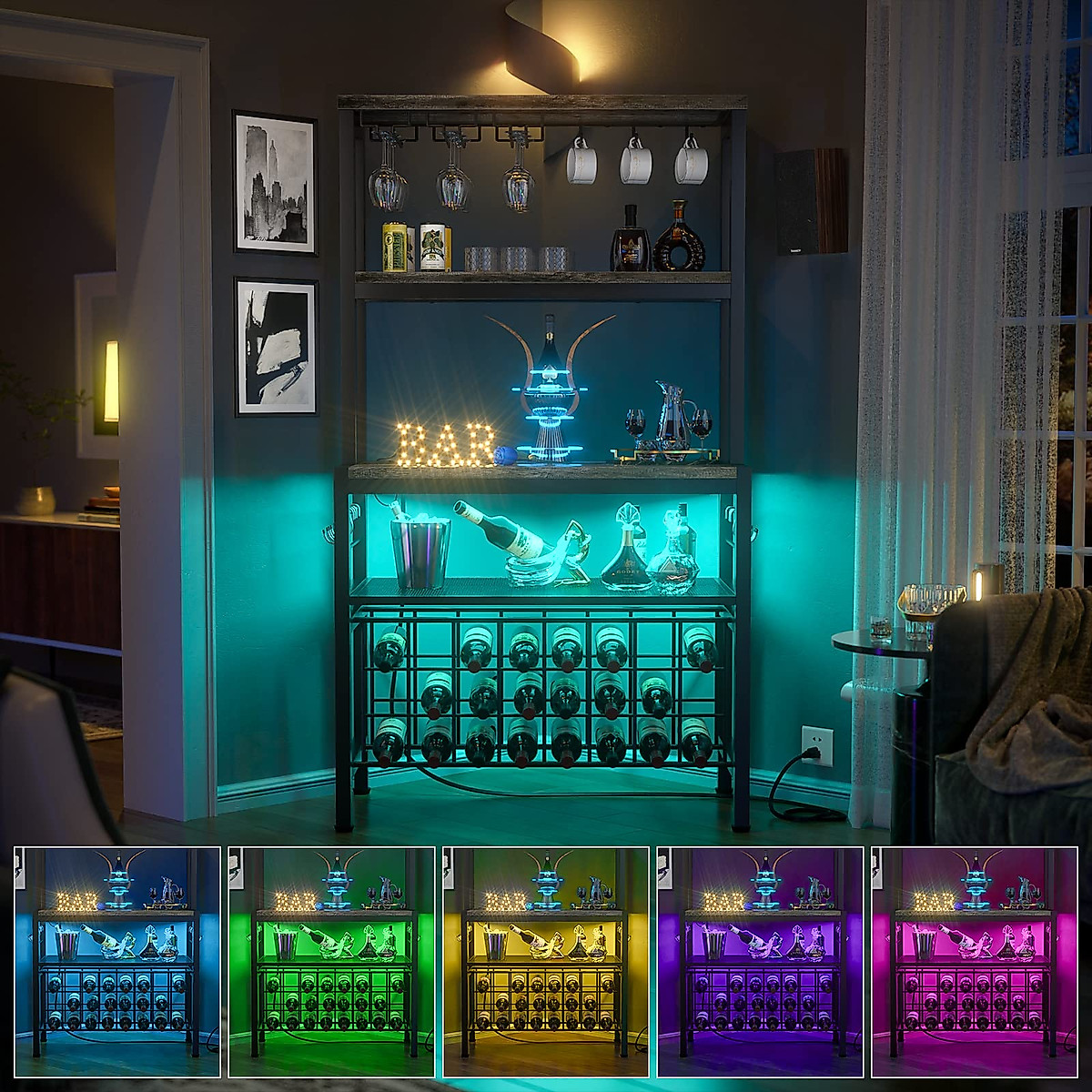 Unikito Wine Bar Cabinet with RGB LED Light and Outlet, FreeStanding Wine Rack Table, Floor Liquor Cabinet with Glass Holder, Floor Bar Cabinet with Wine Rack for Home Kitchen Dining Room, Black Oak