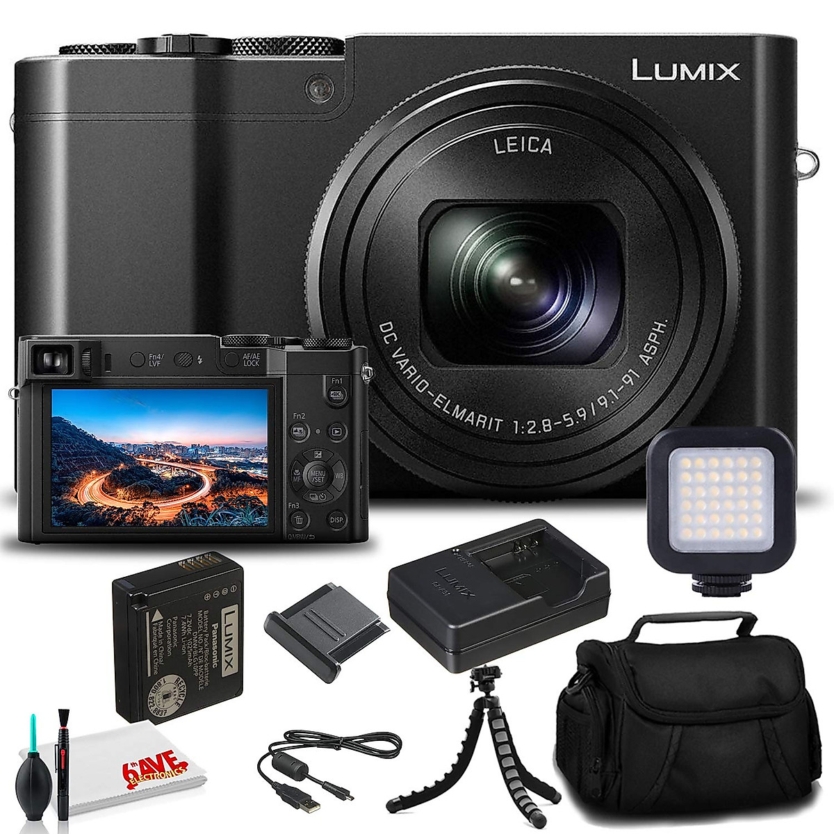 Panasonic Lumix DMC-ZS100 Digital Camera (Black) (DMC-ZS100K) - Bundle - with LED Video Light + Soft Bag + 12 Inch Flexible Tripod + Cleaning Set