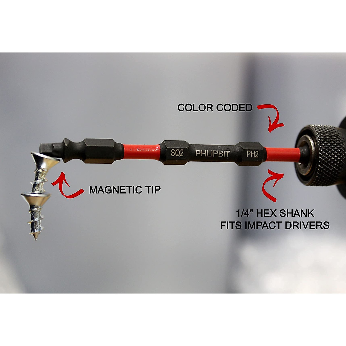 PHLiPBiT - Double-End, Impact Rated Screwdriver Power Bit, IRPB6SQPH2-5, SQ2+PH2, 6 INCH, 5pk. (SQ2 Red drives #8/10 Square + PH2 Blue drives #8/10 Phillips Screw)