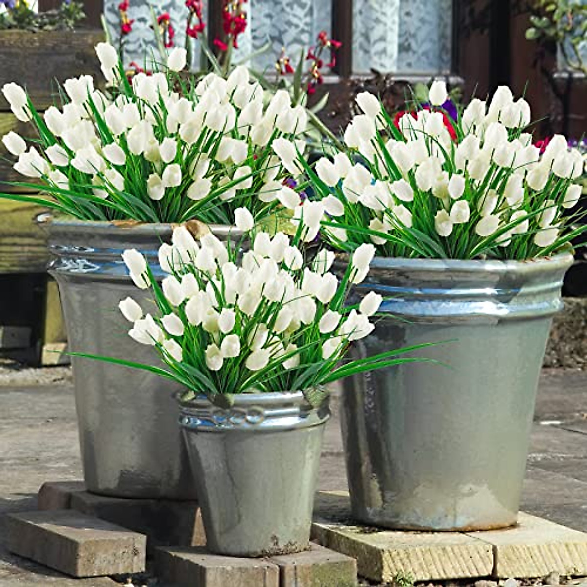 Ruidazon 6 Bundles Tulips Artificial Flowers,30 Heads Outdoor Artificial Tulip Faux Plastic Greenery Shrubs Plants UV Resistant for Easter Home Outside Garden Porch Window Decor (White)