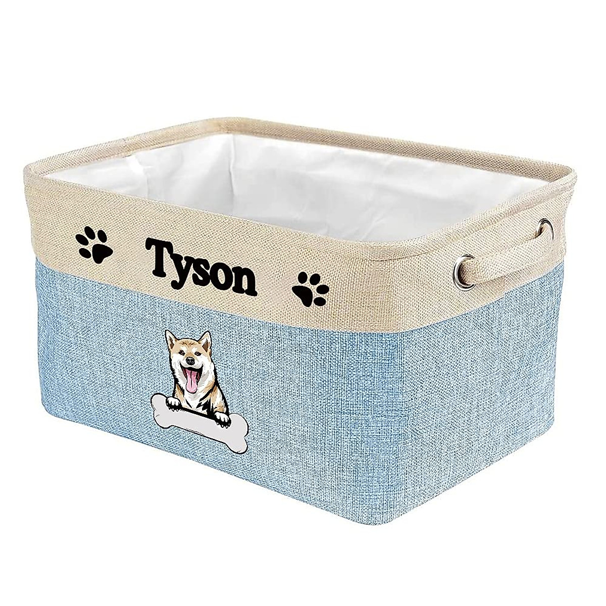 MALIHONG Personalized Foldable Storage Basket with Cute Dog Shiba Inu Collapsible Sturdy Fabric Bone Pet Toys Storage Bin Cube with Handles for Organizing Shelf Home Closet, Blue and White