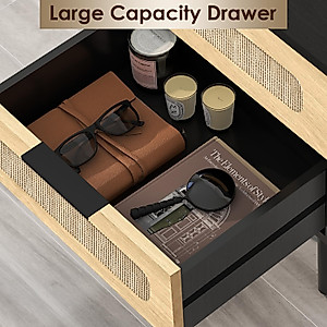 HOPUBUY Nightstands Set of 2 with Rattan Drawer, Modern Night Stand for Bedrooms, Wooden 2 Drawer Bedside Table Side Table for Small Place Living Room and Bedroom (Black, 2 Drawers 2 Pack)