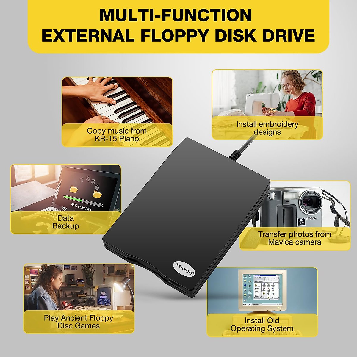 Floppy Disk Reader, External USB 2.0 & Type C Floppy Disc Reader, Portable 3.5 inch 1.44 MB Floppy Disk Drive for PC Laptop and Desktop with Windows 11/10/8/7/XP