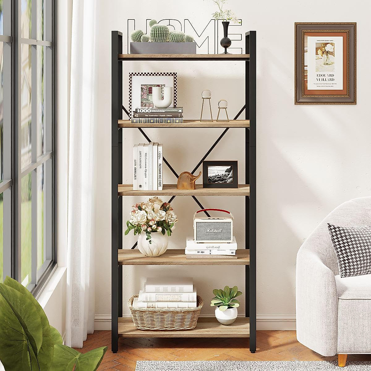 FATORRI 5 Tier Bookshelf, Industrial Wood and Metal Book Shelves for Display, Tall Etagere Bookcase and Rustic Shelving Unit (Rustic Oak)