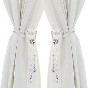 Magnetic Curtain Tiebacks,Crystal Beads Rope Drapery Holdbacks Holder for Small,Thin or Sheer Window Draperies,12 Inch Long,2 Pack (White)
