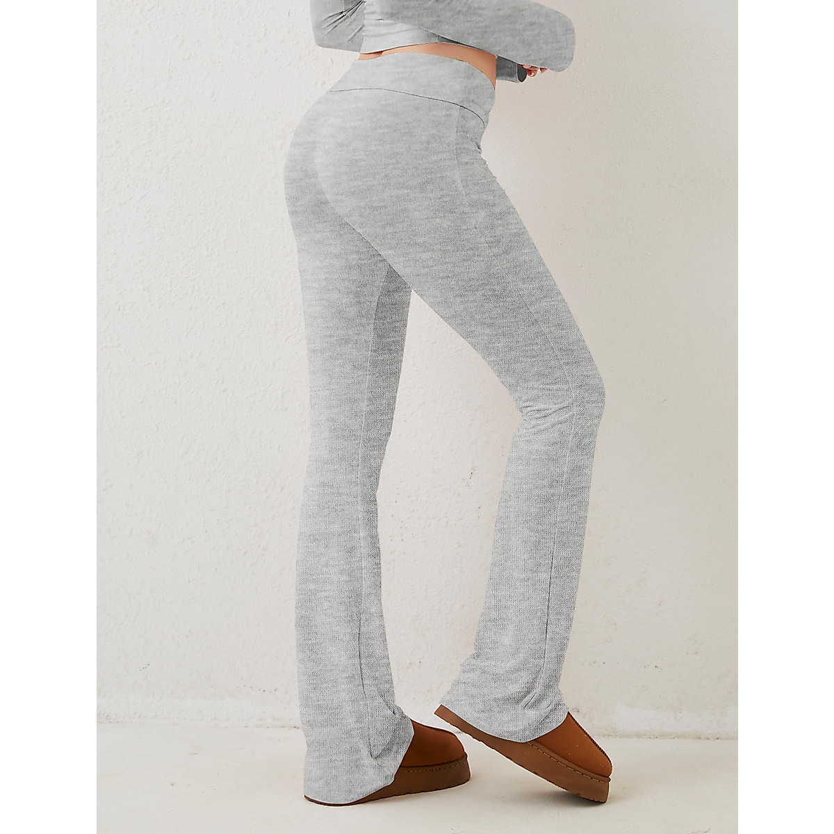 MISSACTIVER Women High Waist Flare Leggings Casual Slim Elastic Wide Leg Pants Tummy Control Workout Yoga Pants(Large, Light Grey)