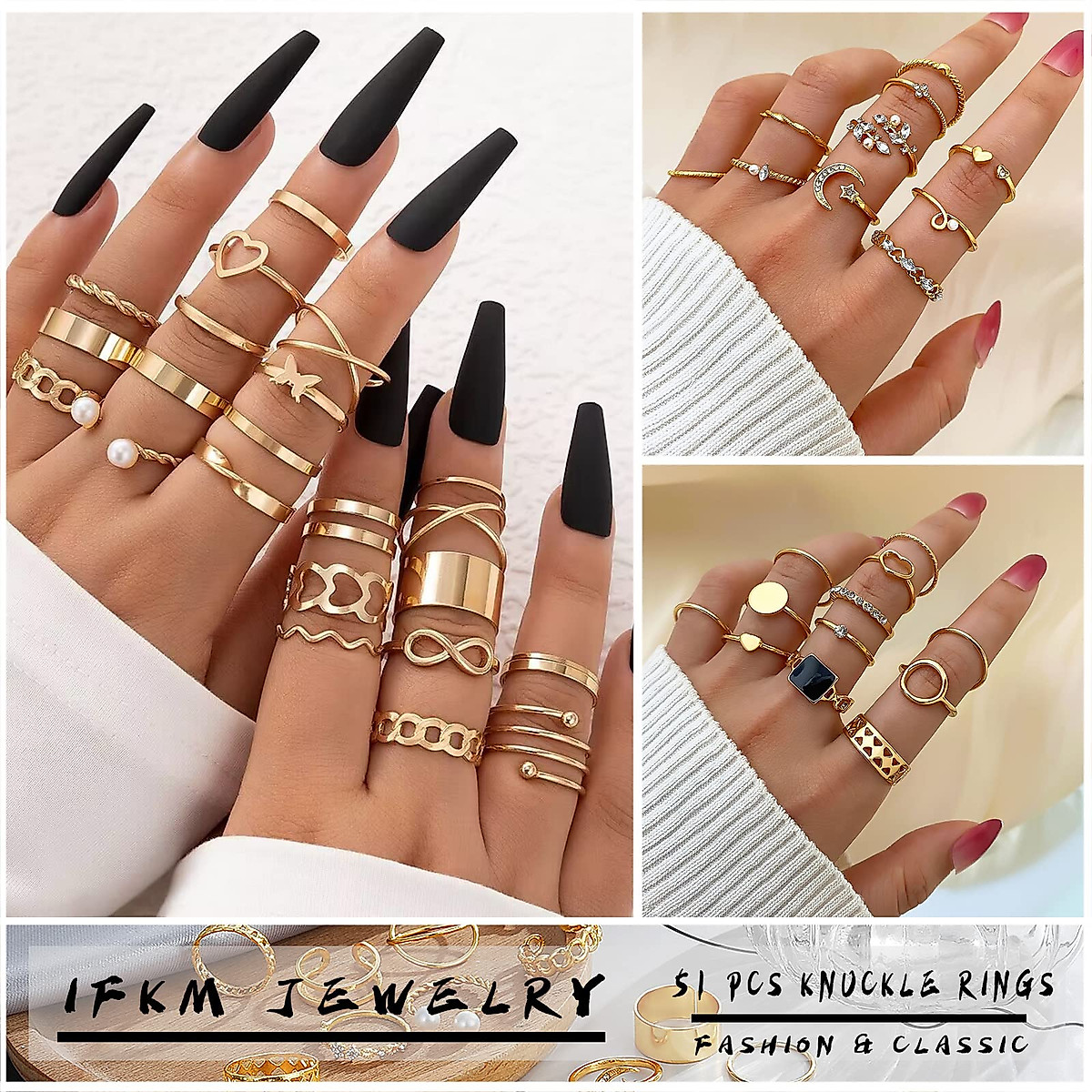 IFKM 51 Pcs Gold Knuckle Rings Set For Women Girls Vintage Stackable Joint Finger Midi Rings Dainty Cubic Zirconia Crystal Simple Twist Hollow Cute Rings Pack Jewelry Gift