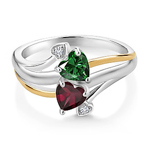 925 Silver and 10K Yellow Gold Green Nano Emerald Red Rhodolite Garnet 2 Heart Promise Couple Engagement Mother Lab Grown Diamond Ring (1.07 Cttw, Gemstone Birthstone, Available In Size 5, 6, 7, 8, 9)