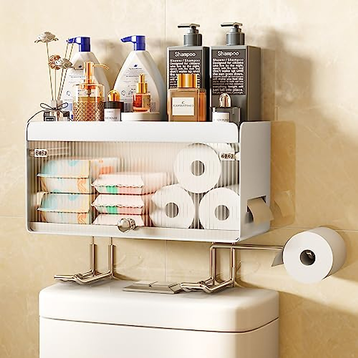 Over Toilet Storage Shelf, 2-Tier Over The Toilet Shelf Organizer for Bathroom, No Drilling Toilet Cabinets with Adhesive Base, Space Saver Behind Toilet Bathroom Organizer Rack for Paper Shampoos（S）