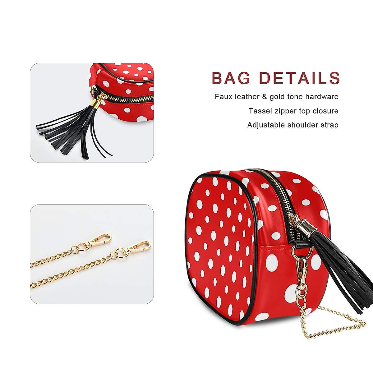 Vikko Red And White Polka Dot Small Crossbody Bag Handbag Purse PU Leather Women Shoulder Chain Bag With Metal Chain Strap And Tassel Top Zipper