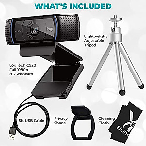 Logitech Webcam C920 HD Pro Bundle with Tripod, Privacy Shutter & Cleaning Cloth - Privacy Cover Computer Webcam Microphone - 1080p Streaming Wide Angle Video Camera - 1080P Desktop Web Camera