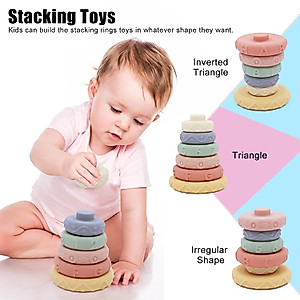 MARUMINE 6PCS Stacking Cricle Toys, Nesting & Building Rings Stacker, Soft Silicone Squeeze Teethers Play Set, Early Educational Learning Stacking Tower for 6+ Months Baby Boys Girls