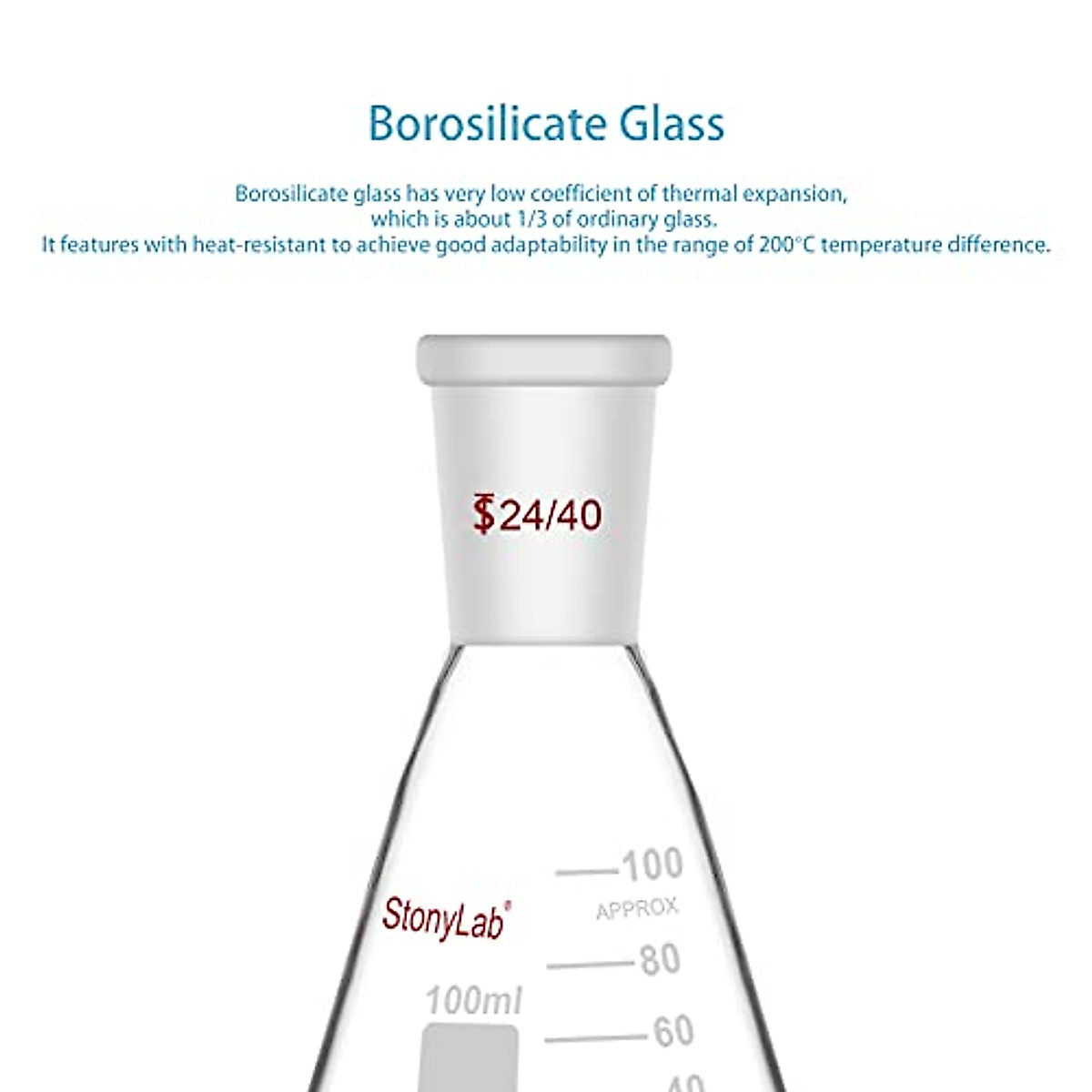 StonyLab Glass 24/40 Erlenmeyer Flask, Borosilicate Glass Heavy Wall Flask with 24/40 Standard Taper Outer Joint, 100ml