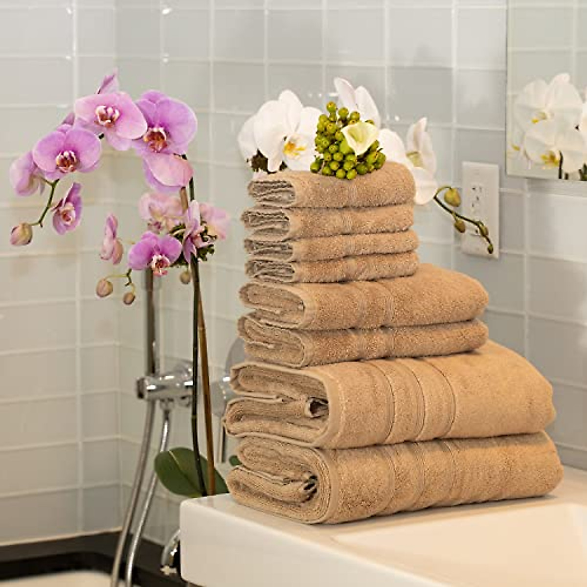 Mosobam 700 GSM Luxury Bamboo Viscose 8pc Large Oversized Bathroom Set, Light Taupe, 2 Bath Towels 30X58 2 Hand Towels 16X30 4 Face Washcloths (Wash Cloth) 13X13, Turkish Towel Sets, Quick Dry