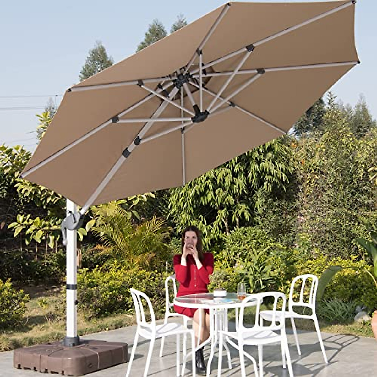 Mojia 11 FT Cantilever Patio Umbrella with Cross Base and Cover Included - 360° Rotation Offset Hanging Umbrella Large Heavy Duty Outdoor Umbrella with Easy Tilt for Pool Backyard Deck Garden, Khaki