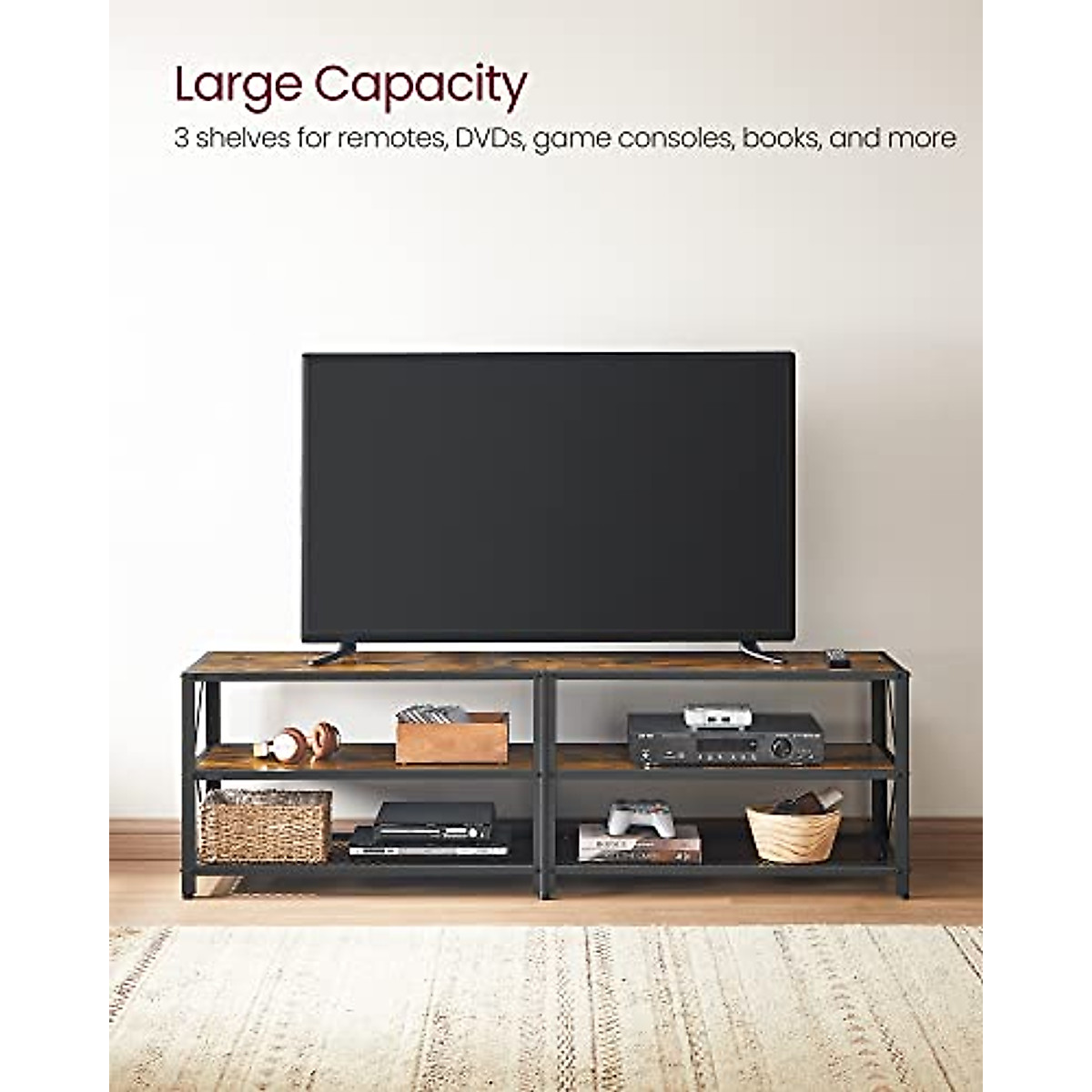 VASAGLE TV Stand for TV up to 70 Inches, TV Table, Entertainment Center, 3-Tier TV Console, Steel Frame, Industrial Style, for Living Room, Rustic Brown and Black ULTV095B01